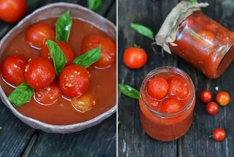 Cherry tomaten yn har eigen sop yn in bak